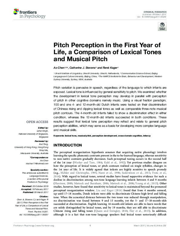 (PDF) Pitch Perception in the First Year of Life, a Comparison of ...