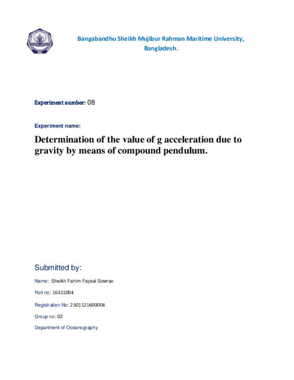 (PDF) Determination of the value of g acceleration due to gravity by ...