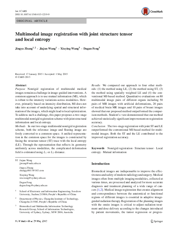 Pdf Multimodal Image Registration With Joint Structure Tensor And Local Entropy