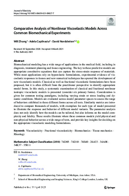 (PDF) Comparative Analysis of Nonlinear Viscoelastic Models Across Common Biomechanical Experiments