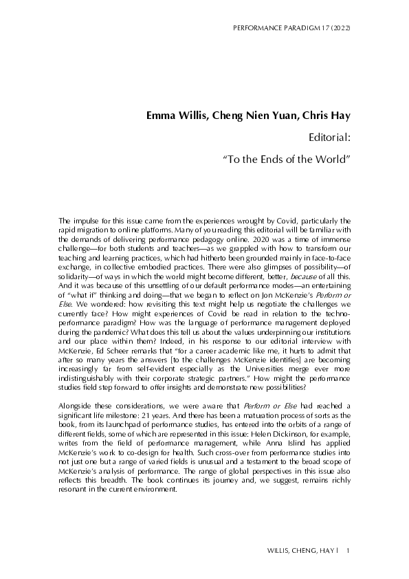 (PDF) Editorial: To the Ends of the World in "Perform or Else ...