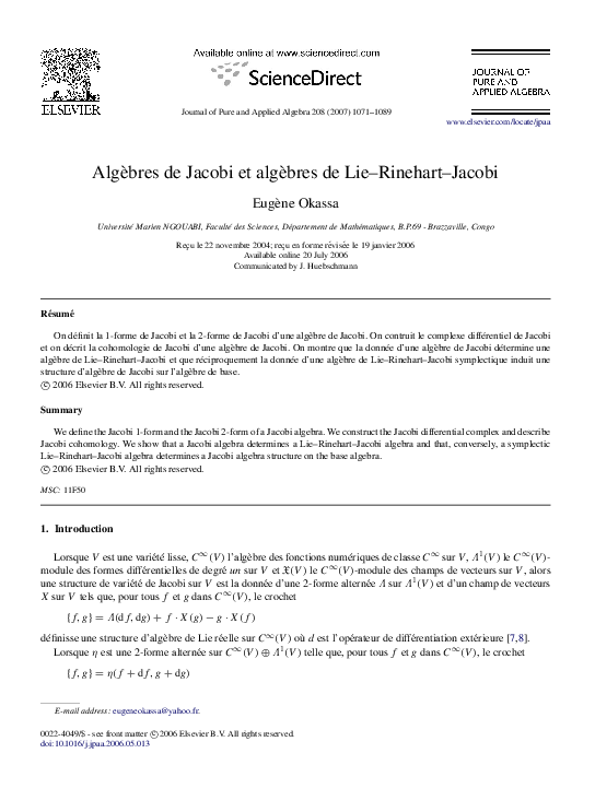 (PDF) Algèbres de Jacobi et algèbres de Lie–Rinehart–Jacobi