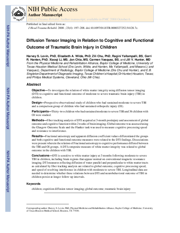 (PDF) Diffusion Tensor Imaging in Relation to Cognitive and Functional Outcome of Traumatic ...