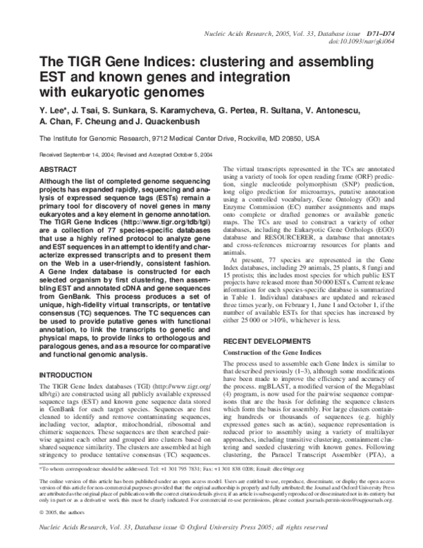 (PDF) The TIGR Gene Indices: clustering and assembling EST and known ...