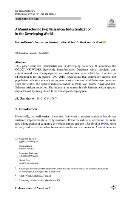(PDF) A Manufacturing (Re)Naissance? Industrialization in the Developing World