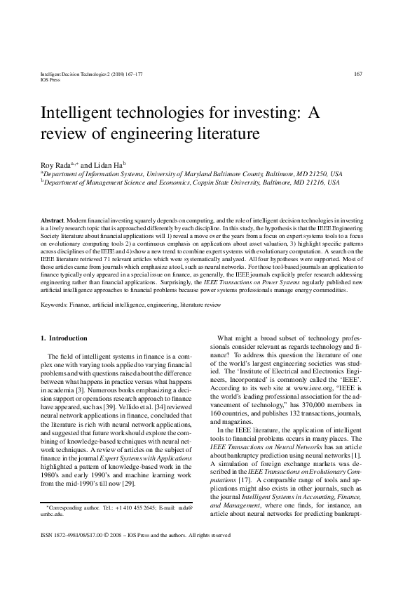 (PDF) Intelligent technologies for investing: A review of engineering ...
