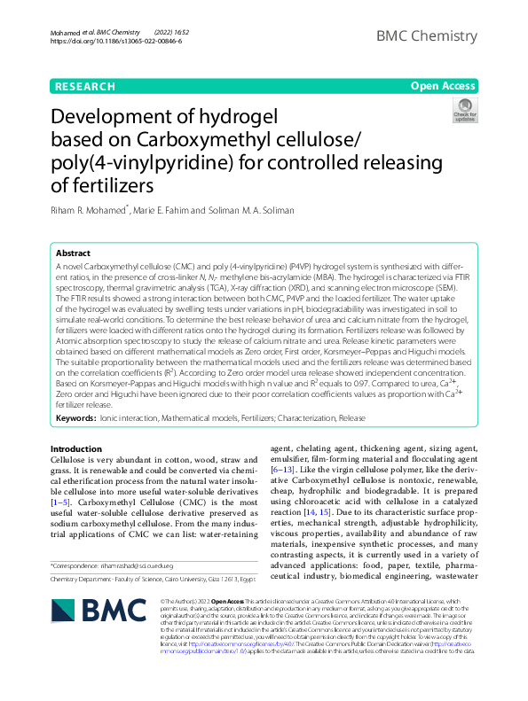 (PDF) Development of hydrogel based on Carboxymethyl cellulose/poly(4 ...