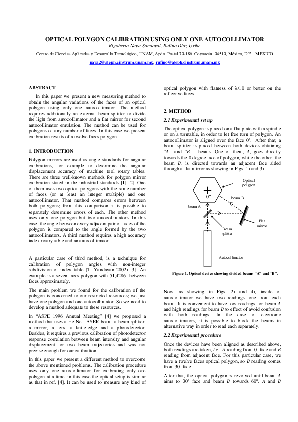(PDF) OPTICAL POLYGON CALIBRATION USING ONLY ONE AUTOCOLLIMATOR