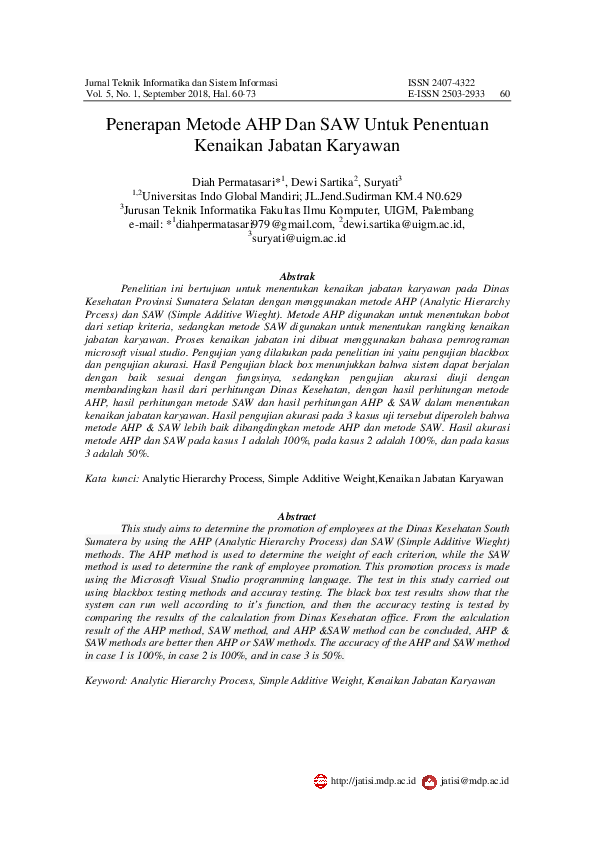 (PDF) Penerapan Metode AHP dan SAW untuk Penentuan Kenaikan Jabatan Karyawan