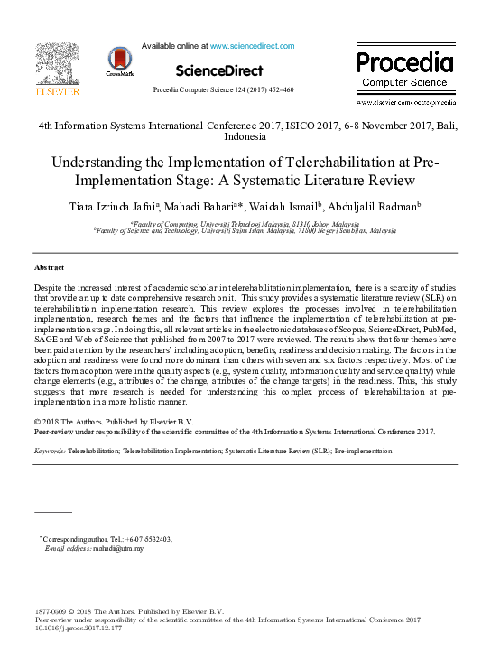 (PDF) Understanding the Implementation of Telerehabilitation at Pre-Implementation Stage: A ...