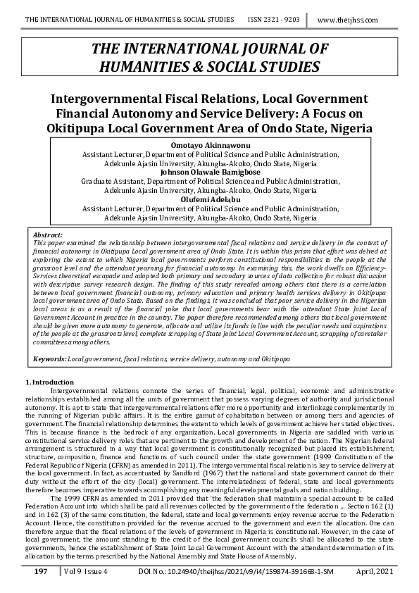 (PDF) Intergovernmental Fiscal Relations, Local Government Financial ...