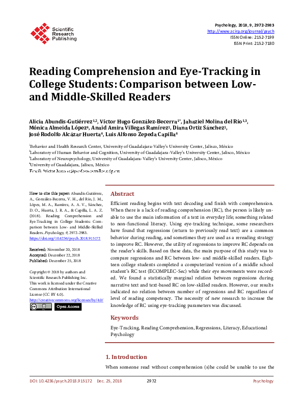 (PDF) Reading Comprehension and Eye-Tracking in College Students: Comparison between Low- and ...