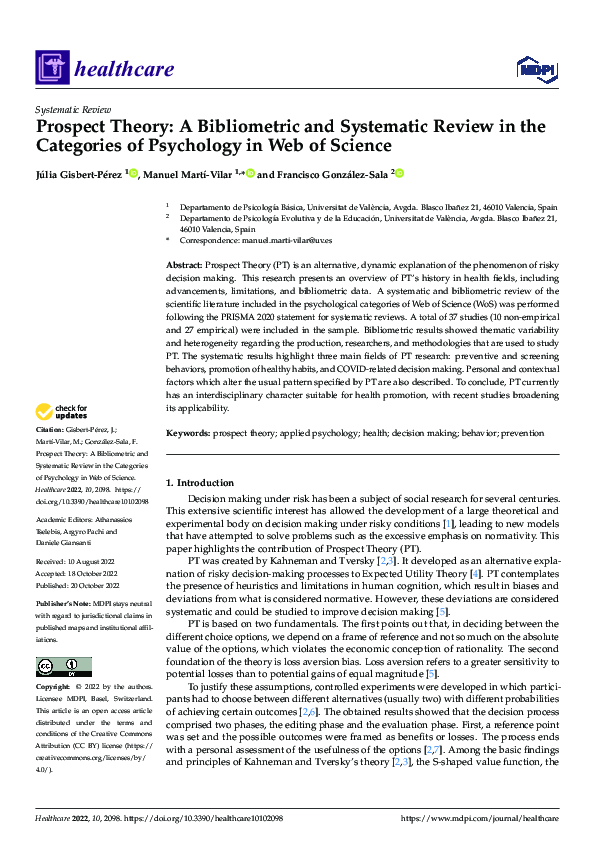 (PDF) Prospect Theory: A Bibliometric and Systematic Review in the Categories of Psychology in ...