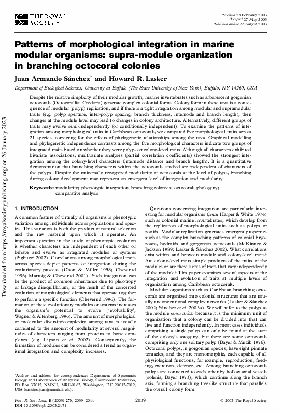 (PDF) Patterns of morphological integration in marine modular organisms: supra-module ...
