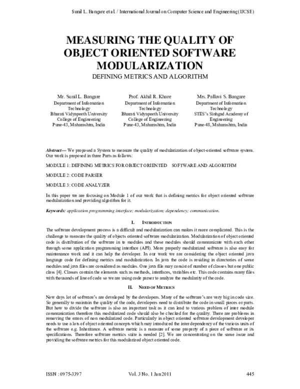 (PDF) MEASURING THE QUALITY OF OBJECT ORIENTED SOFTWARE MODULARIZATION DEFfNING METRICS AND ...