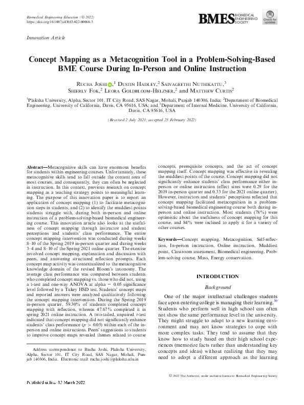 Pdf Concept Mapping As A Metacognition Tool In A Problem Solving Based Bme Course During In