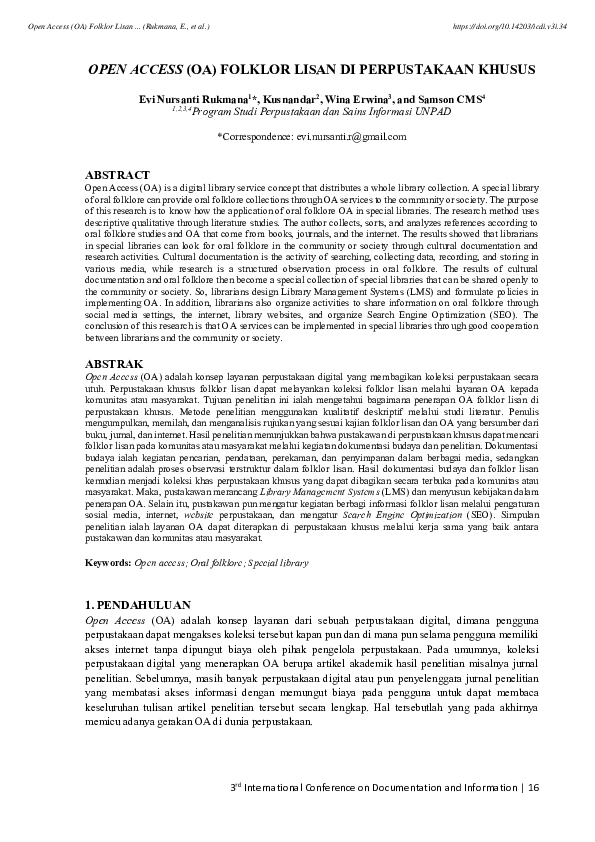(PDF) Open Access (OA) Folklor Lisan di Perpustakaan Khusus