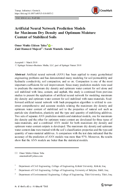 (PDF) Artificial Neural Network Prediction Models for Soil Compaction and Permeability