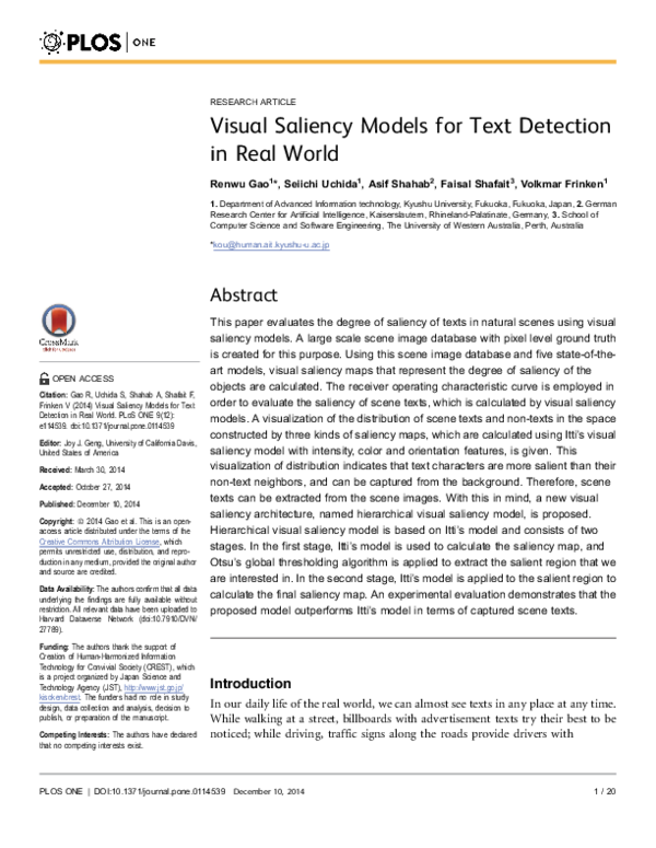 (PDF) Visual Saliency Models for Text Detection in Real World