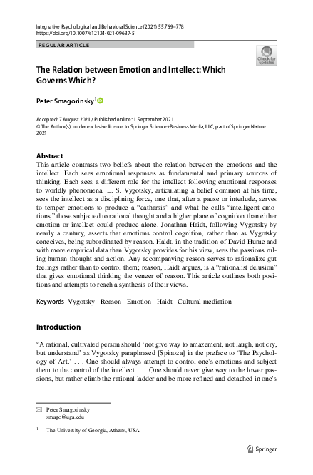 (PDF) The Relation between Emotion and Intellect: Which Governs Which?