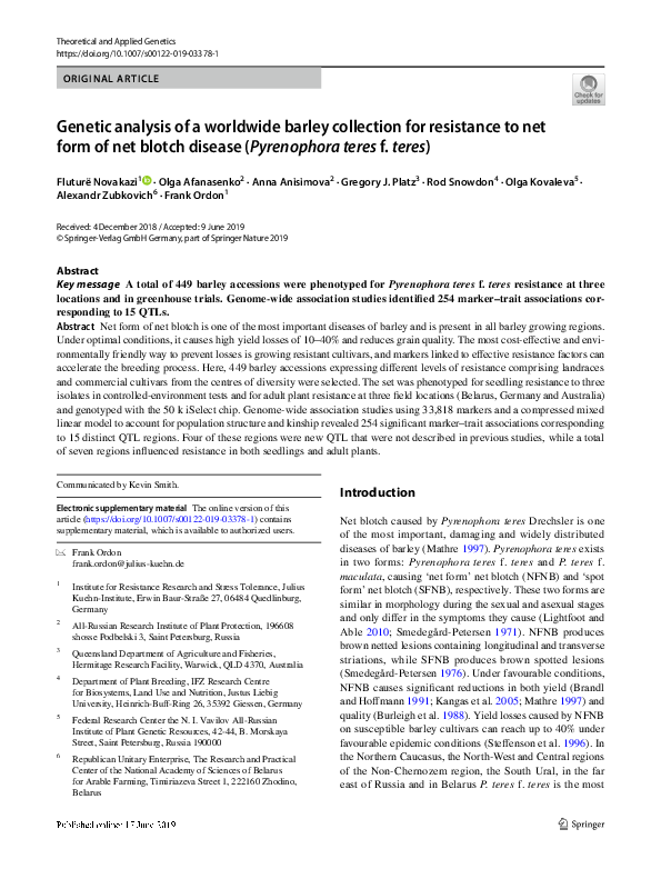 (PDF) Genetic analysis of a worldwide barley collection for resistance ...