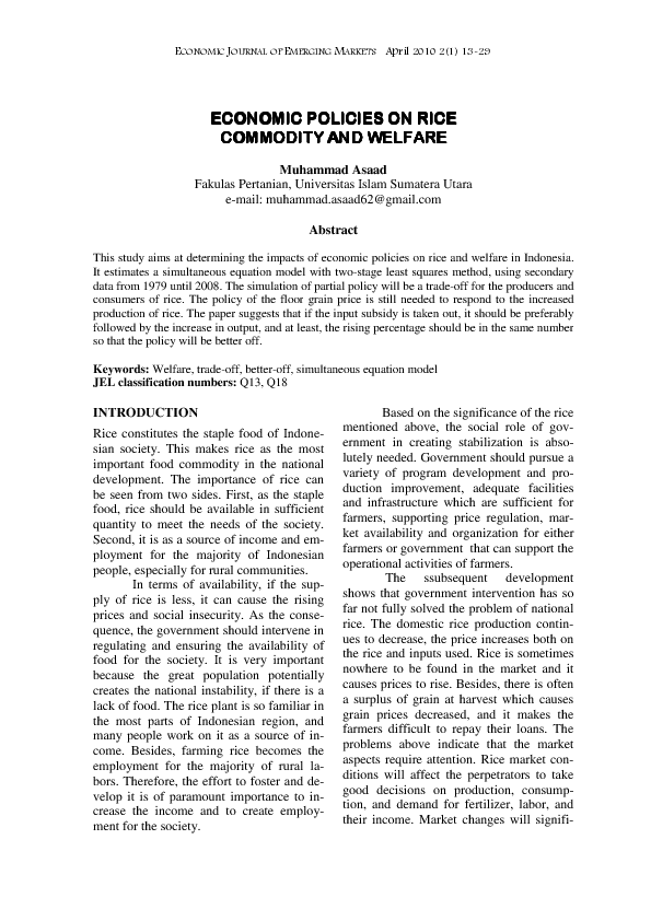 (PDF) Economic Policies on Rice Commodity and Welfare