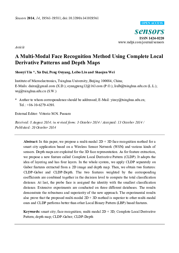 (PDF) A multi-modal face recognition method using complete local derivative patterns and depth maps