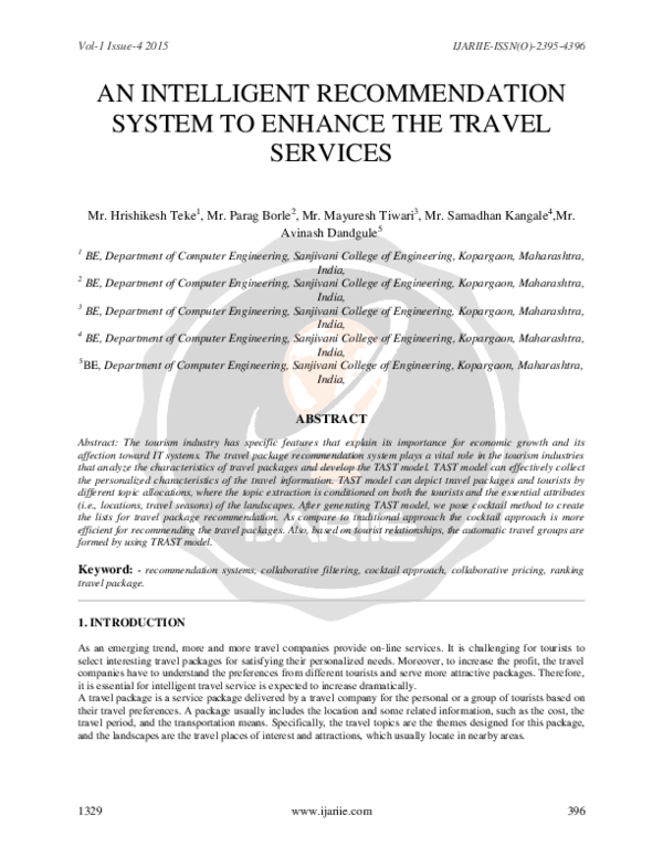 (PDF) An Intelligent Recommendation System to Enhance the Travel Services