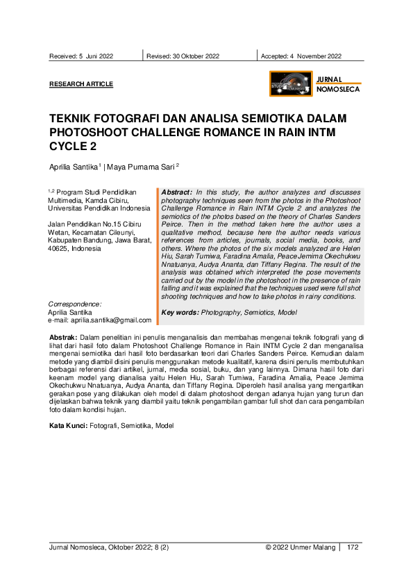 (PDF) Teknik Fotografi dan Analisa Semiotika dalam Photoshoot Challenge Romance in Rain INTM ...