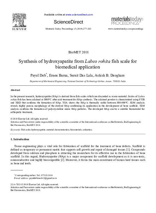 (PDF) Synthesis of hydroxyapatite from Labeo rohita fish scale for biomedical application