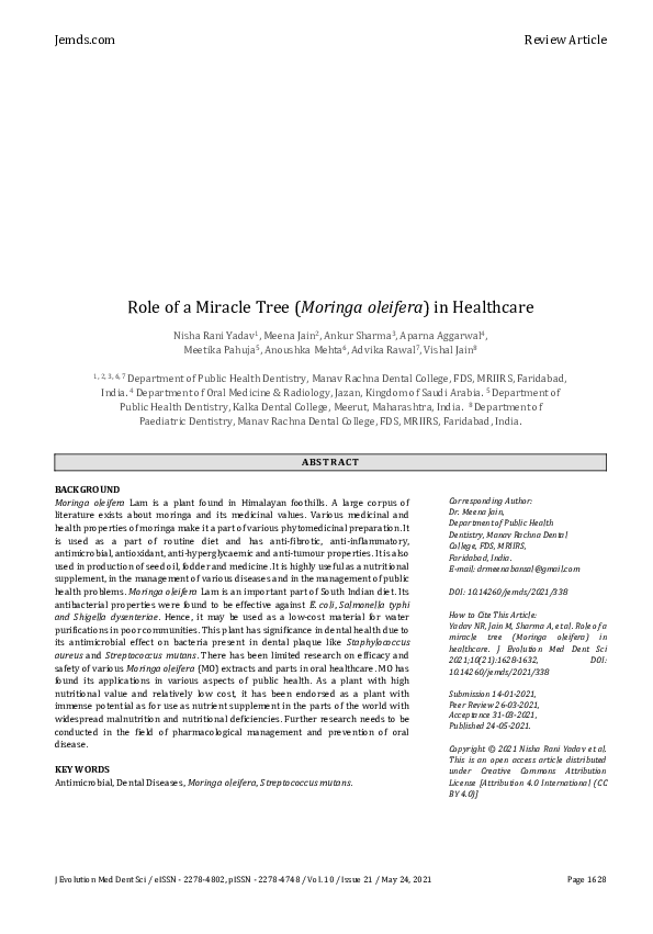 (PDF) Role of a Miracle Tree (Moringa oleifera) in Healthcare