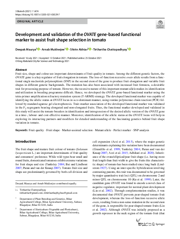 (PDF) Development and validation of the OVATE gene-based functional ...