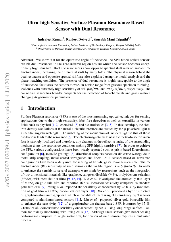 (PDF) Ultra-high Sensitive Surface Plasmon Resonance Based Sensor with Dual Resonance