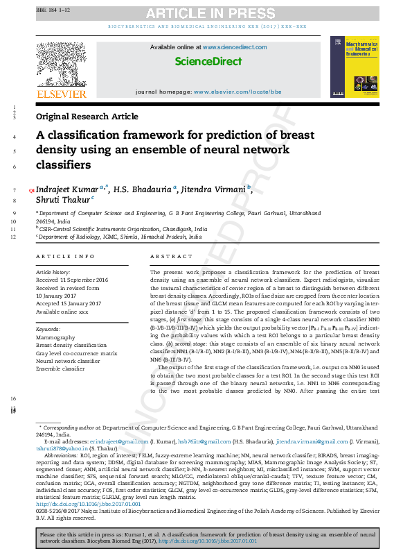 (PDF) A classification framework for prediction of breast density using ...