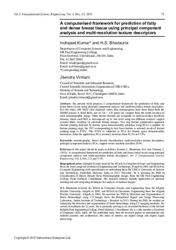 (PDF) A computerised framework for prediction of fatty and dense breast tissue using principal ...