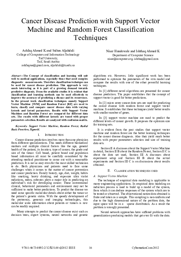Pdf Cancer Disease Prediction With Support Vector Machine And Random Forest Classification