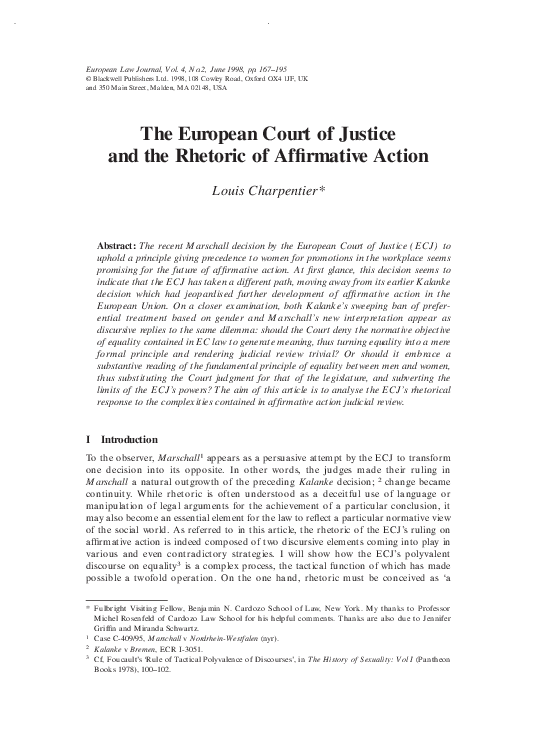 (PDF) The European Court of Justice and the Rhetoric of Affirmative Action