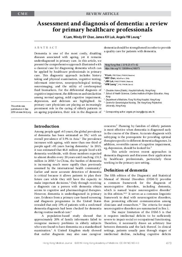 (PDF) Assessment and diagnosis of dementia: a review for primary ...