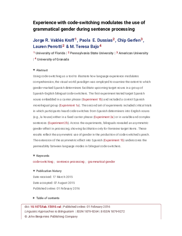 (PDF) Experience with code-switching modulates the use of grammatical ...