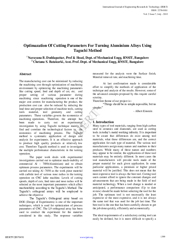 Pdf Optimazation Of Cutting Parameters For Turning Aluminium Alloys