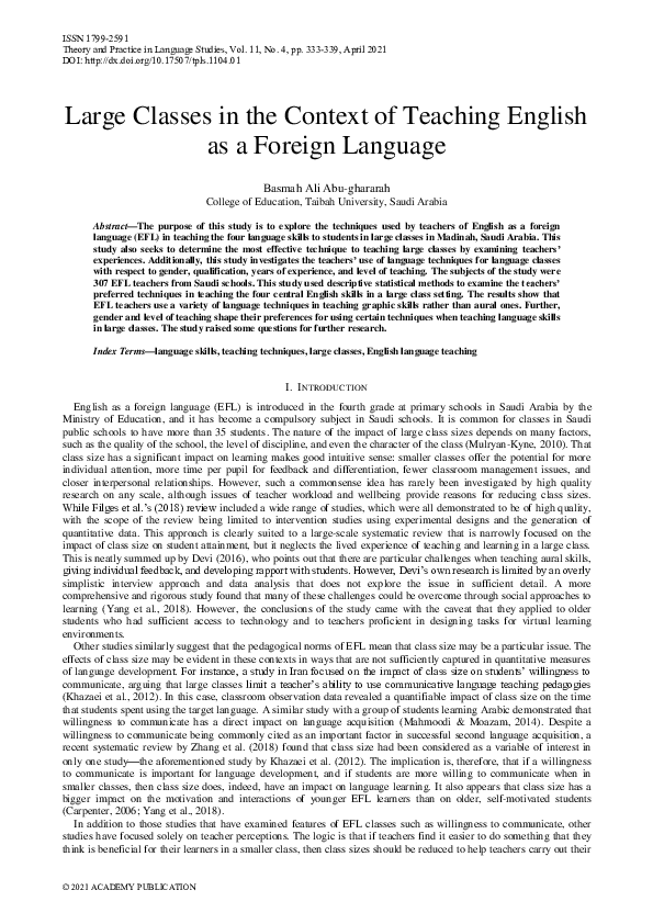 (PDF) Large Classes in the Context of Teaching English as a Foreign Language