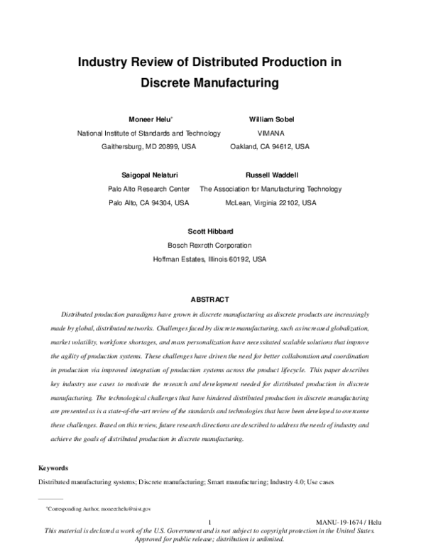 (PDF) Industry Review of Distributed Production in Discrete Manufacturing