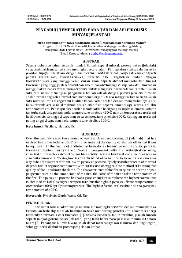(PDF) Pengaruh Temperatur Pada Tar Dan Api Pirolisis Minyak Jelantah