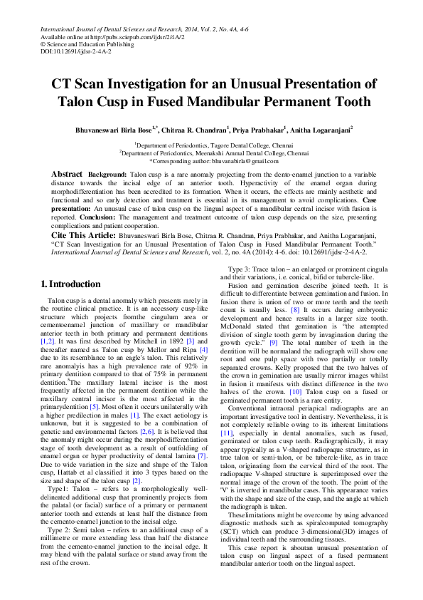 Pdf Ct Scan Investigation For An Unusual Presentation Of Talon Cusp