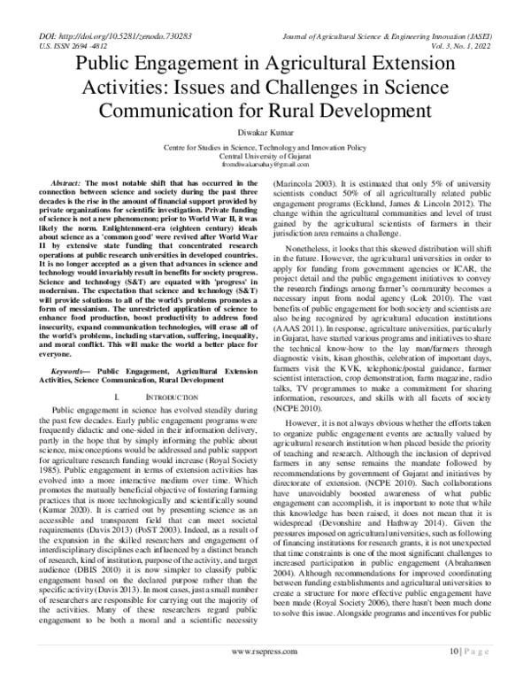 (PDF) Public Engagement in Agricultural Extension Activities: Issues ...