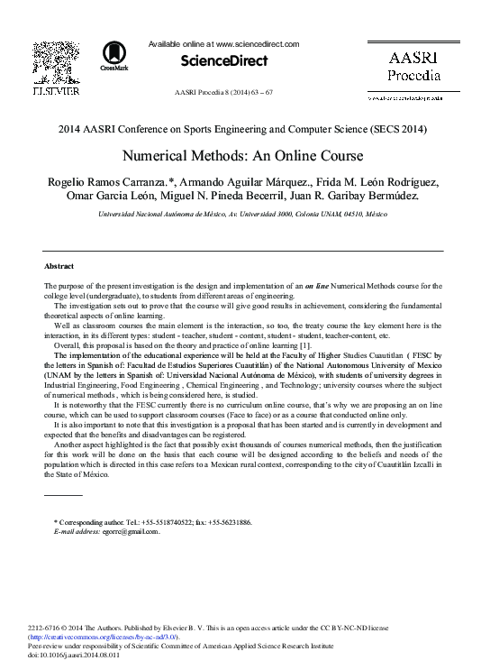 (PDF) Numerical Methods: An Online Course