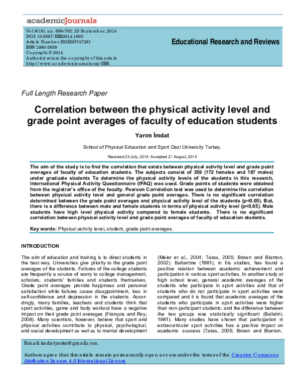 (PDF) Correlation between the physical activity level and grade point ...