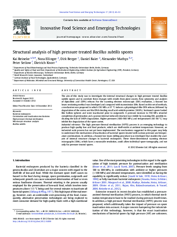 Pdf Structural Analysis Of High Pressure Treated Bacillus Subtilis Spores 1112