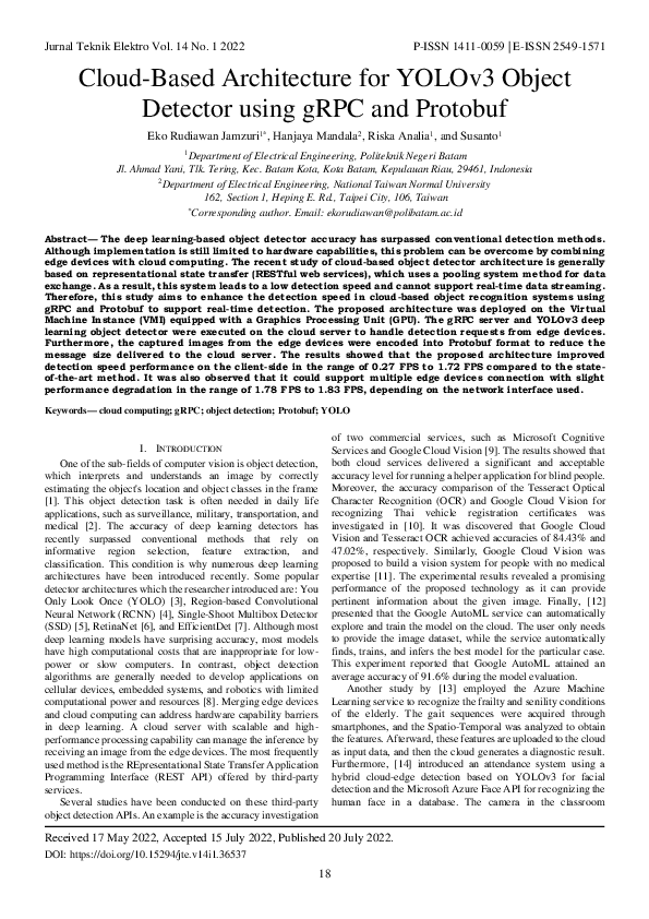 Pdf Cloud Based Architecture For Yolov3 Object Detector Using Grpc And Protobuf Eko Rudiawan