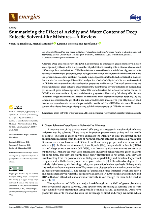 Pdf Summarizing The Effect Of Acidity And Water Content Of Deep Eutectic Solvent Like Mixtures